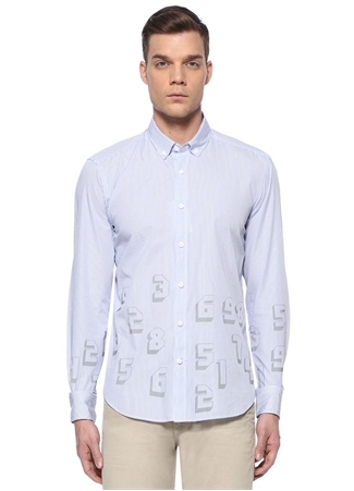 Beymen Club Erkek Comfort Fit Mavi Çizgili Reflektif Rakamlı Gömlek S