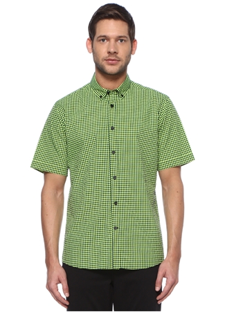 Beymen Club Erkek Slim Fit Neon Sarı Pötikareli Kısa Kollu Gömlek S