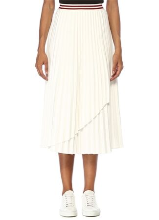 Maje Kadın Jouli Beyaz Şeritli Asimetrik Pilili Midi Etek Bej 38 FR