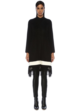 Maje Kadın Galinette Siyah Beyaz Şeritli Püsküllü Yün Palto 36 FR