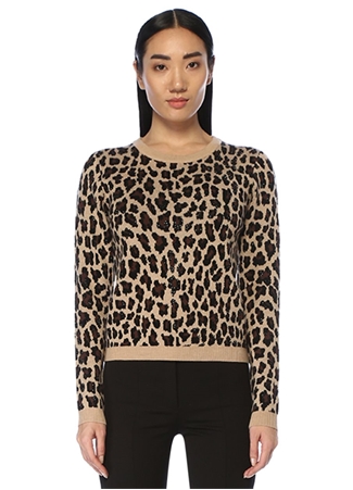 Alice+Olivia Kadın Leopar Desenli Taş İşlemeli Yün Kazak Kahverengi L EU