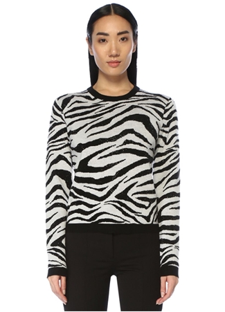 Alice+Olivia Kadın Connie Zebra Desenli Taş İşlemeli Yün Kazak Siyah M EU