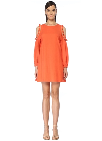 Beymen Club Kadın Turuncu Omzu Açık Taş Şeritli Mini Elbise Kırmızı 42