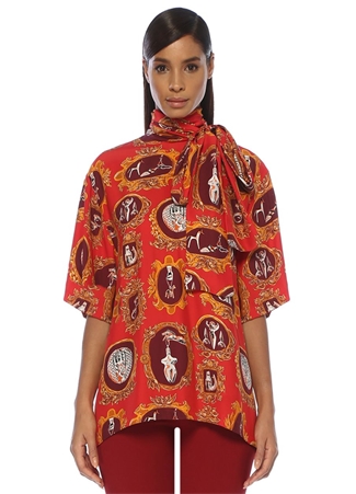 Chloe Kadın Kırmızı Yakası Bağlı Desenli Yarım Kol İpek Bluz 36 FR