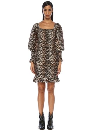 Ganni Kadın Leopar Desenli Kare Yaka Mini Elbise Kahverengi 36 FR
