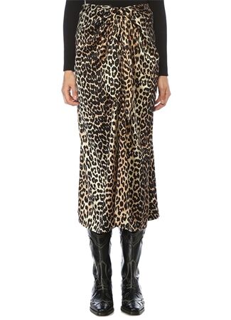 Ganni Kadın Leopar Desenli Midi İpek Saten Etek Kahverengi M EU