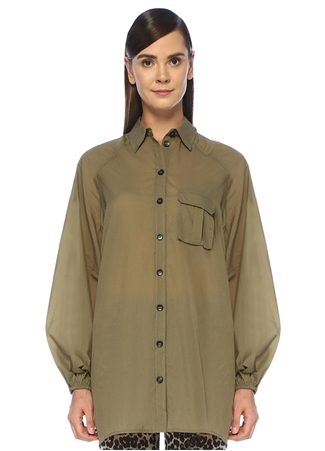 Ganni Kadın Yeşil İngiliz Yaka Sırt Dekolteli Gömlek Bej 34 FR