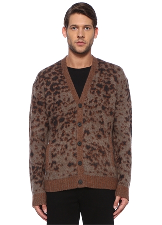 John Varvatos Erkek Kahverengi V Yaka Leopar Desenli Yün Hırka S EU