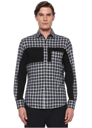 Lanvin Erkek Lacivert Küçük Yaka Ekose Desenli Cepli Gömlek 39 IT
