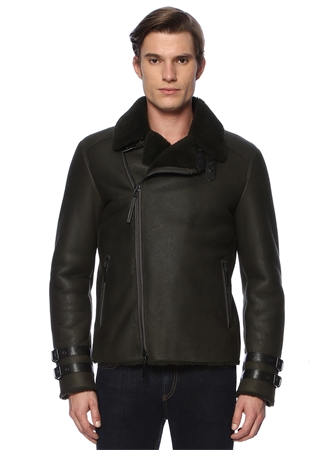 Emporio Armani Erkek Haki Kelebek Yaka Shearling Detaylı Süet Mont Yeşil 50 IT