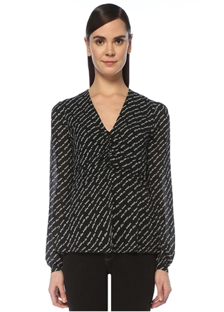 Academia Kadın Siyah V Yaka Yazı Baskılı Büzgülü Krep Bluz 34