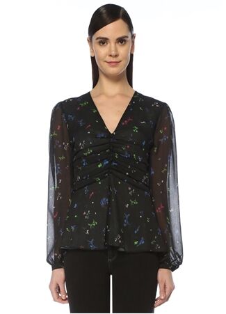 Academia Kadın Siyah V Yaka Çiçekli Büzgülü Şifon Bluz 34