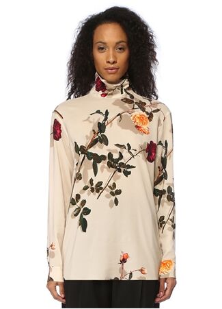 Dries Van Noten Kadın Contisy Altın Rengi Dik Yaka Çiçekli Uzun Kol Bluz Bej 40 FR