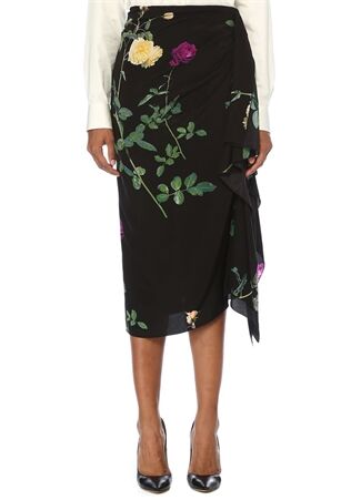 Dries Van Noten Kadın Savina Siyah Gül Desenli Asimetrik Midi İpek Etek 36 FR