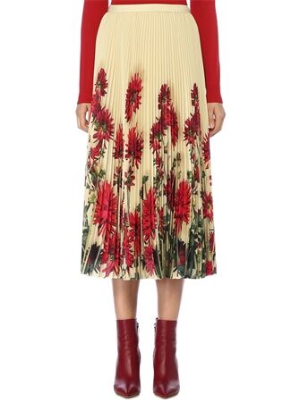 Dries Van Noten Kadın Sarı Çiçek Desenli Pilili Midi Etek 42 FR