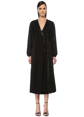 Beymen Collection Kadın Siyah V Yaka İşlemeli Midi Kruvaze Dantel Elbise 36