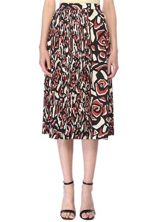 Beymen Collection Kadın Kiremit Siyah Pilili Karışık Desenli Midi Etek Kırmızı 42