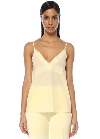 Beymen Collection Kadın Sarı V Yaka Dantel Garnili İpek Bluz Bej 34