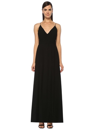 Ml Monique Lhuillier Kadın Siyah V Yaka Pilili Maksi Abiye Elbise 2 US