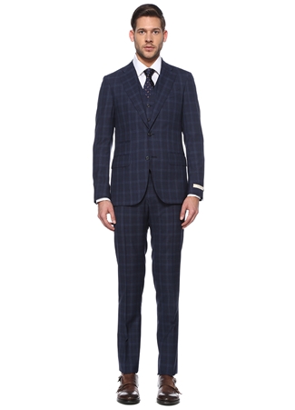Beymen Collection Erkek Drop 7 Lacivert Kareli Yelekli Yün Takım Elbise 50 IT