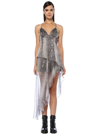 Amiri Kadın Gri Yılan Desenli Asimetrik Midi İpek Elbise 38 IT