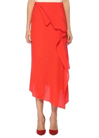 Roland Mouret Kadın Courtown Kırmızı Asimetrik Volanlı Midi İpek Etek 2 US