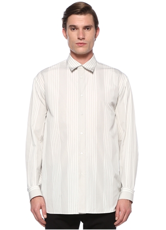 Jil Sander Erkek Gri Beyaz Sivri Yaka Çizgi Desenli Gömlek 4 IT