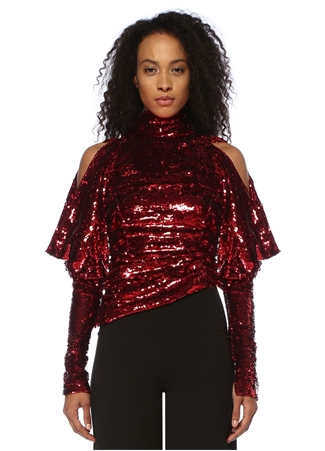 6Arlington Kadın Kırmızı Omzu Açık İşlemeli Sırt Dekolteli Bluz 0 UK