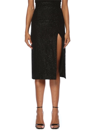 6Arlington Kadın Lipton Siyah Parlak Dokulu Midi Etek 0 UK