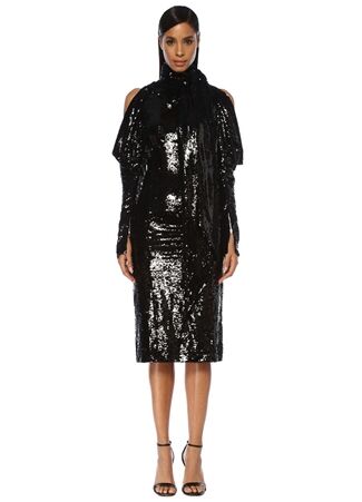 6Arlington Kadın Cold Siyah Payetli Midi Kokteyl Elbisesi 0 UK