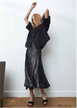 Beymen Collection Kadın Siyah İşlemeli Volanlı Midi Etek Gri 36