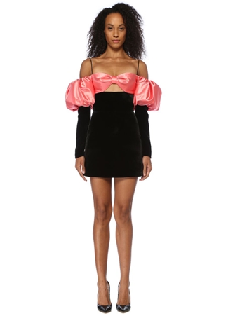 Rasario Kadın Pembe Siyah Mini Saten Kadife Kokteyl Elbise 36 FR