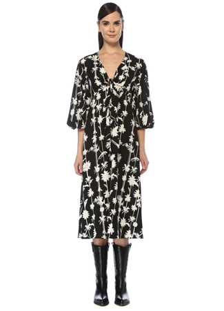 Academia Kadın Siyah Palmiye Desenli Bağcıklı Midi Krep Elbise 36
