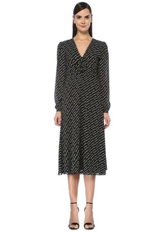 Academia Kadın Siyah V Yaka Yazı Baskılı Büzgülü Midi Elbise 36