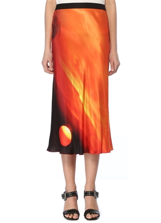 Academia Kadın Turuncu Beli Lastikli Desenli Midi Etek 36