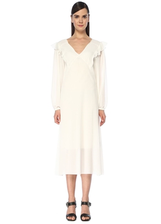 Academia Kadın Beyaz V Yaka Volanlı Balon Kol Midi Şifon Elbise 34