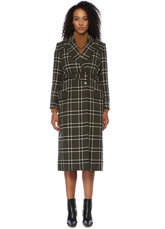 Alexa Chung Kadın Haki Kareli Beli Kemerli Kruvaze Palto Yeşil 8 US