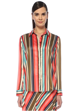 Beymen Collection Kadın Çizgi Desenli Klasik Saten Gömlek Turuncu 34