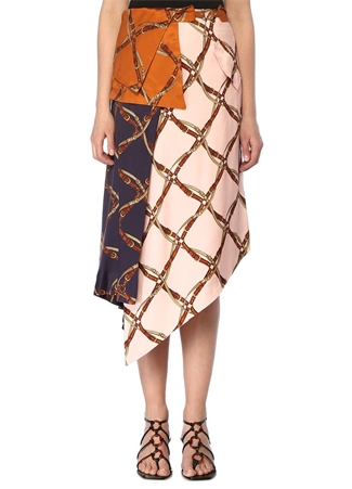 Jonathan Simkhai Kadın Lacivert Pembe Kemer Desenli Asimetrik Midi Etek Turuncu 2 US