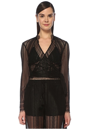 Jonathan Simkhai Kadın Siyah Kruvaze Dantelli Bluz L EU
