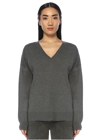 Tru Kadın Gri Melanj V Yaka Lightweight Merino Triko S/M EU