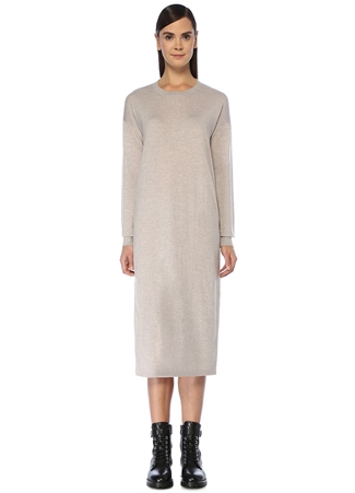 Tru Kadın Bej Melanj Midi Merino Triko Elbise M EU