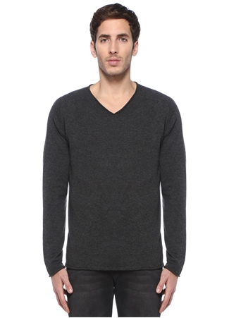 Tru Erkek Antrasit V Yaka Kazak Gri S EU