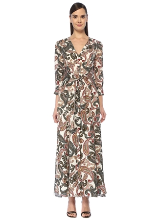 Nicholas Kadın Noura Beyaz V Yaka Şal Desenli Maksi İpek Elbise Yeşil 2 US