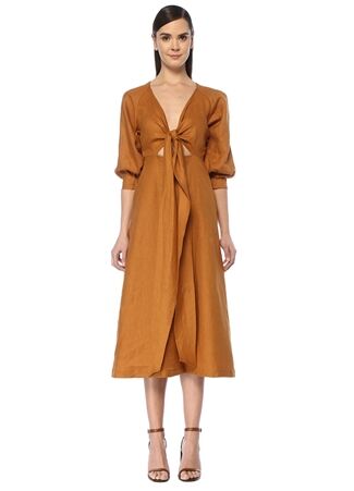 Nicholas Kadın Asilah Taba Önü Bağcıklı Midi Keten Elbise Turuncu 4 US