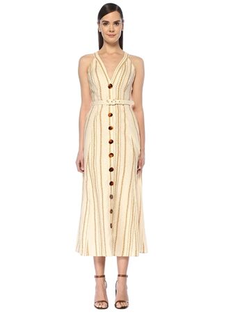 Nicholas Kadın Yasmine Ekru Zincir Desenli Midi Keten Elbise Bej 6 US