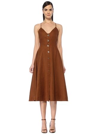 Nicholas Kadın Orissa Kahverengi V Yaka Midi Keten Elbise 4 US