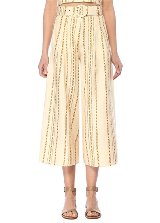 Nicholas Kadın Ayda Ekru Kemerli Zincir Desenli Keten Pantolon Bej 4 US