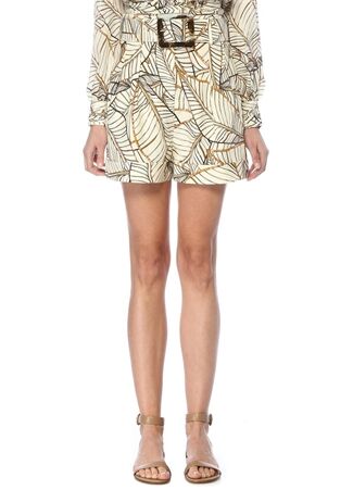 Nicholas Kadın Naila Ekru Kemerli Yaprak Desenli Keten Şort Bej 6 US