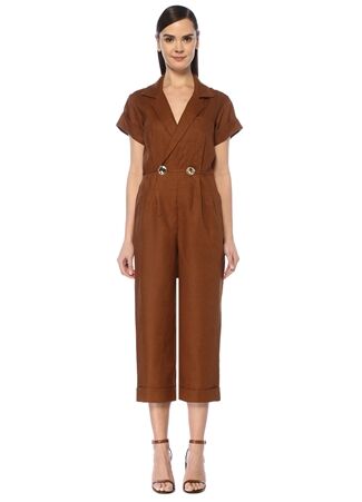 Nicholas Kadın Rumi Kahverengi Kısa Kol Kruvaze Keten Tulum 2 US